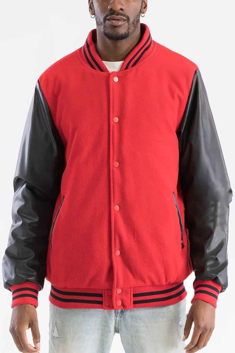 Melton Wool Varsity Jacket with Vinyl Sleeves | Dallas Shirts Wholesale